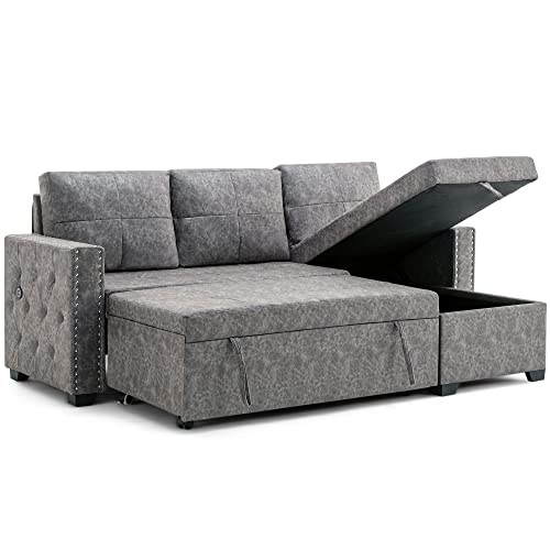 WOJ Life 84" Sectional L Shaped Sofa, Modern Modular Convertible Corner Couch, Two Seats SofĂĄ Bed with 2 USB Chargers, Storage Chaise, Sleeper Independent Use as Coffee Table, Nail Headed, Gray