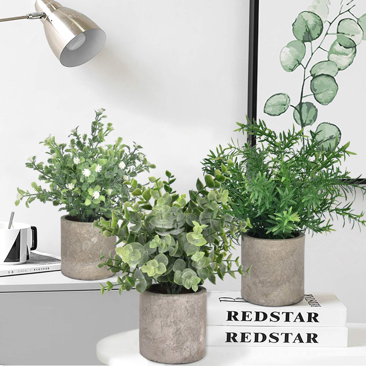 MARTINE MALL Fake Eucalyptus Pot Artificial Eucalyptus Plants with Vase 3 Pack Mini Fake Eucalyptus Plants for Indoor House Office Restaurant or Outdoor Garden Wedding Decorations 9.4in Tall