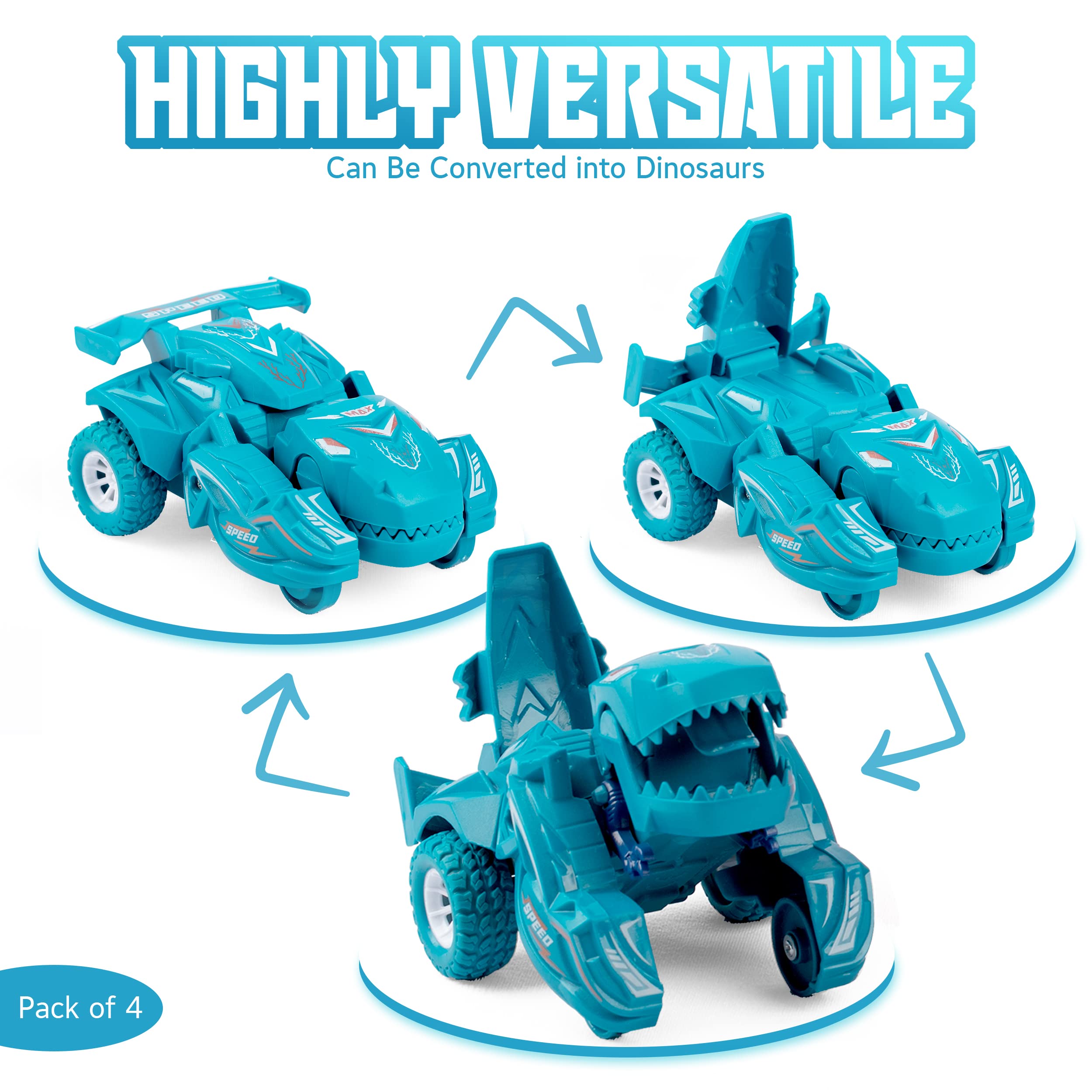 Smart Novelty Dinosaur Transformer Car Toy Set - Durable Transforming Dinosaur Car - Pull Back Transformer Dinosaur Toy for 3-6 Year Old Boys & Girls, Set of 4