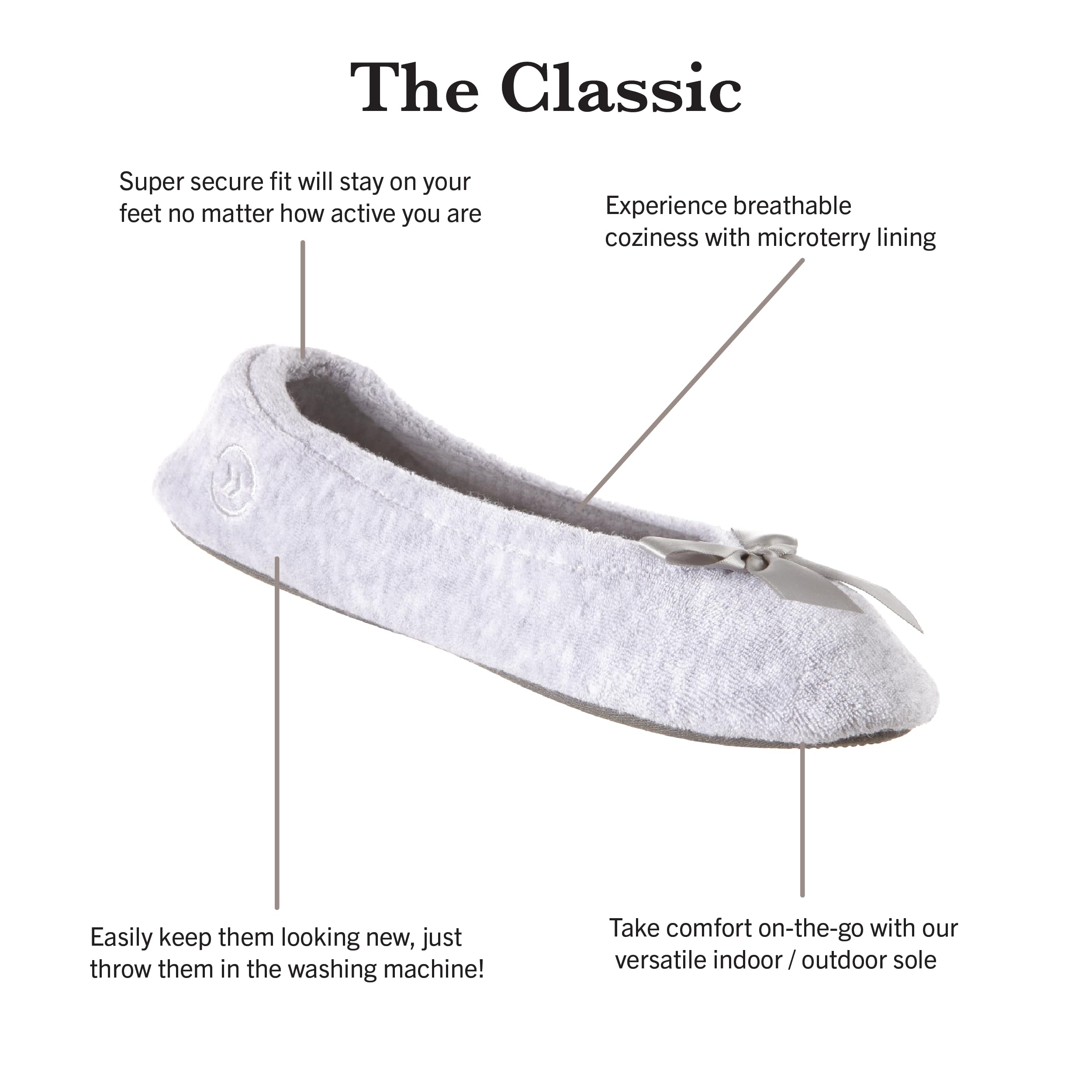 isotoner Women's Terry Ballerina Slipper with Bow for Indoor/Outdoor Comfort, HEATHER GREY, 8-9