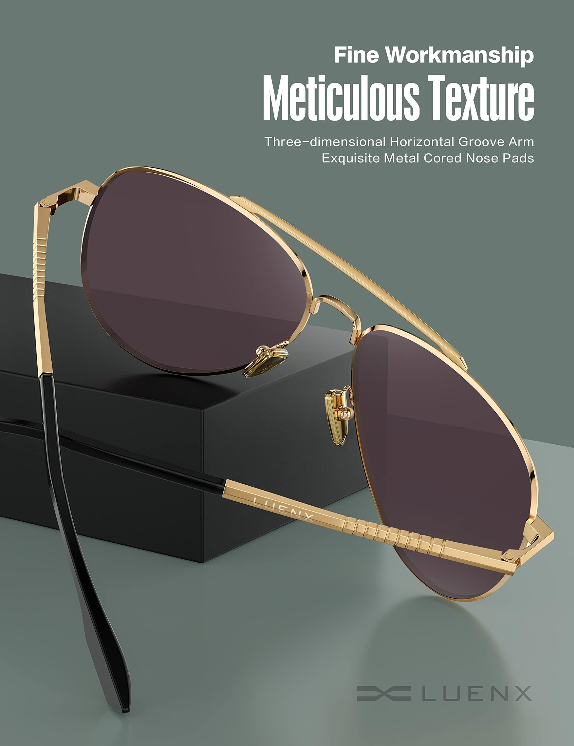 LUENX Men Aviator Sunglasses Polarized Womens Mirror Green Lens Metal Gold Frame Driving Shades Classic Style