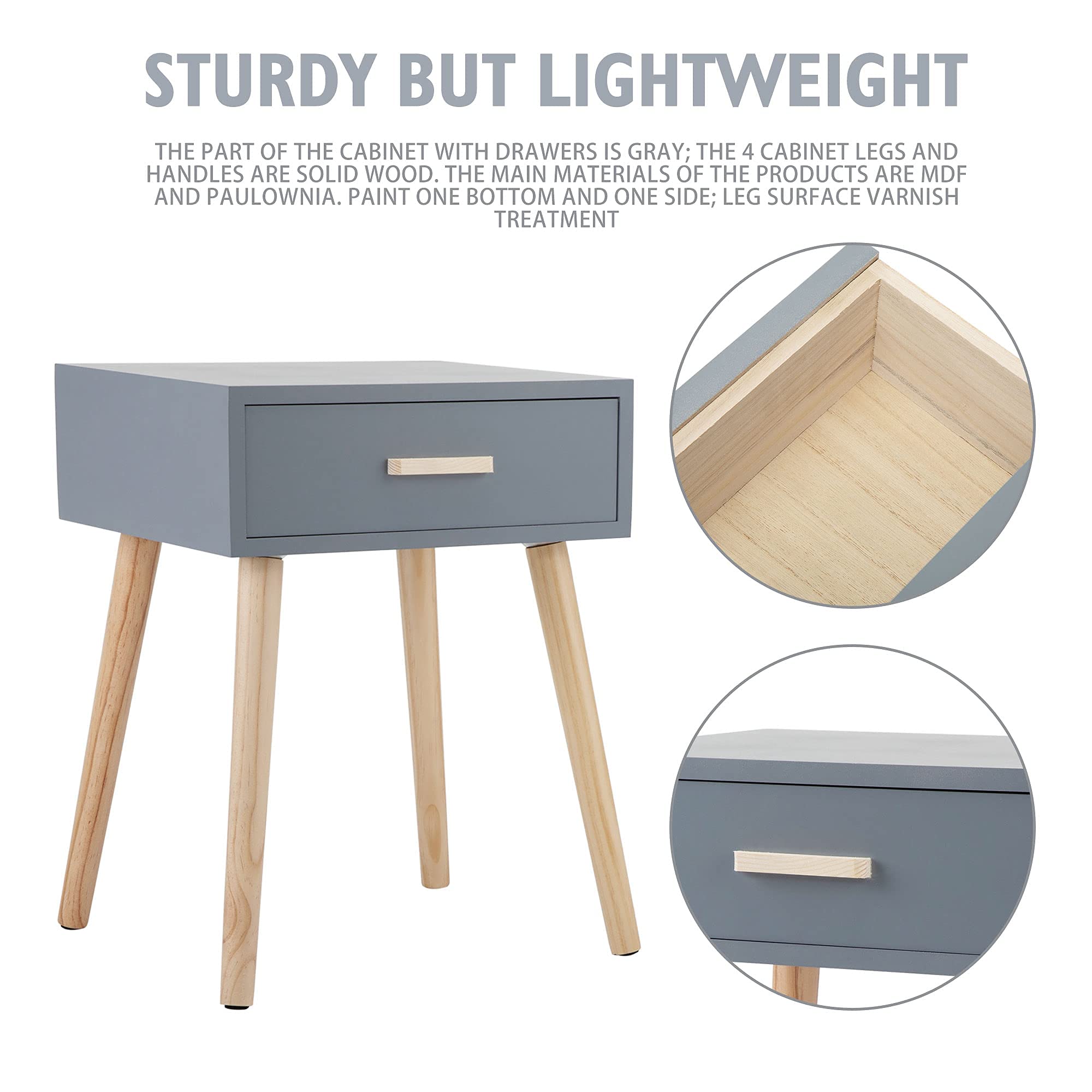 JAXPETY Set of 2 Morden Nightstands with Solid Wood Legs, Bedside Table Night Stands for Bedroom, End Table with Storage Drawer, Grey