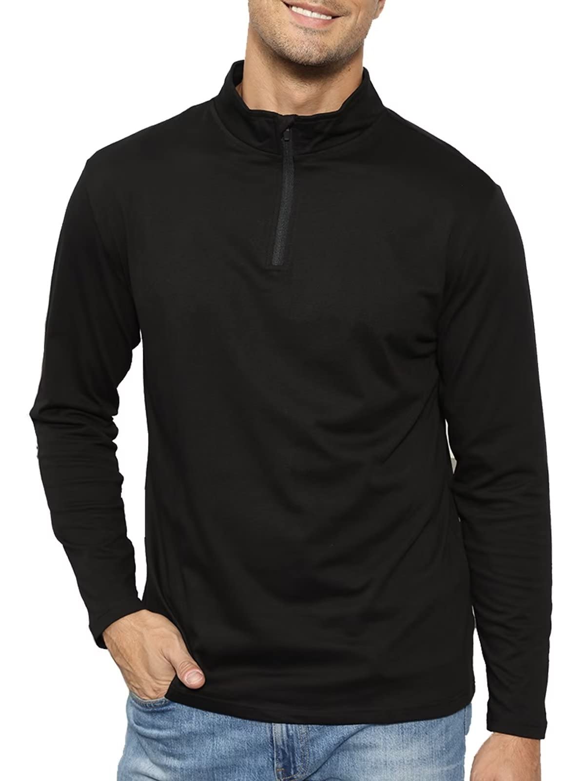 Rela Bota Mens Quarter-Zip Shirts Long Sleeve Soft Fabric Performance Running Casual Pullover Black