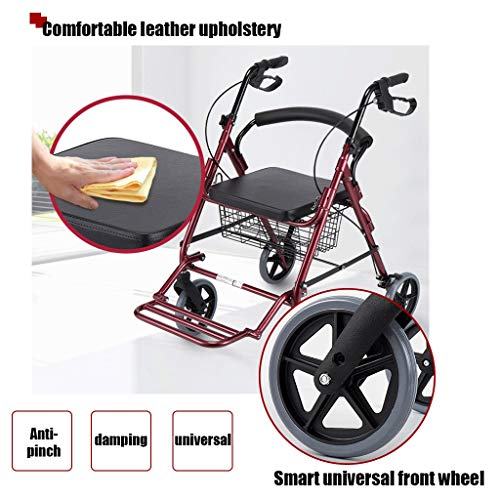 Walker,Walker Foldable Walker Lightweight Rollator Basket and Pole Holder PU Tires Height Adjustable Rollator with backrest and seat, red Outdoor