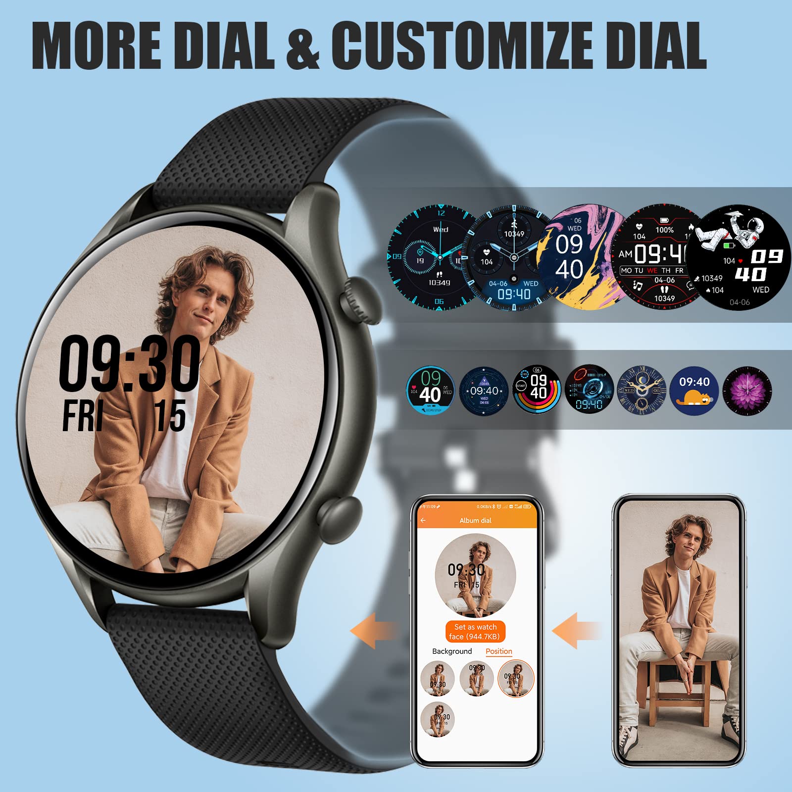 Smart Watch for Men 1.32” HD Touch Screen Fitness Tracker with Bluetooth Calls Step Counter Watch with Heart Rate Monitor Sleep Tracking Activity Trackers for iOS Android (Black)