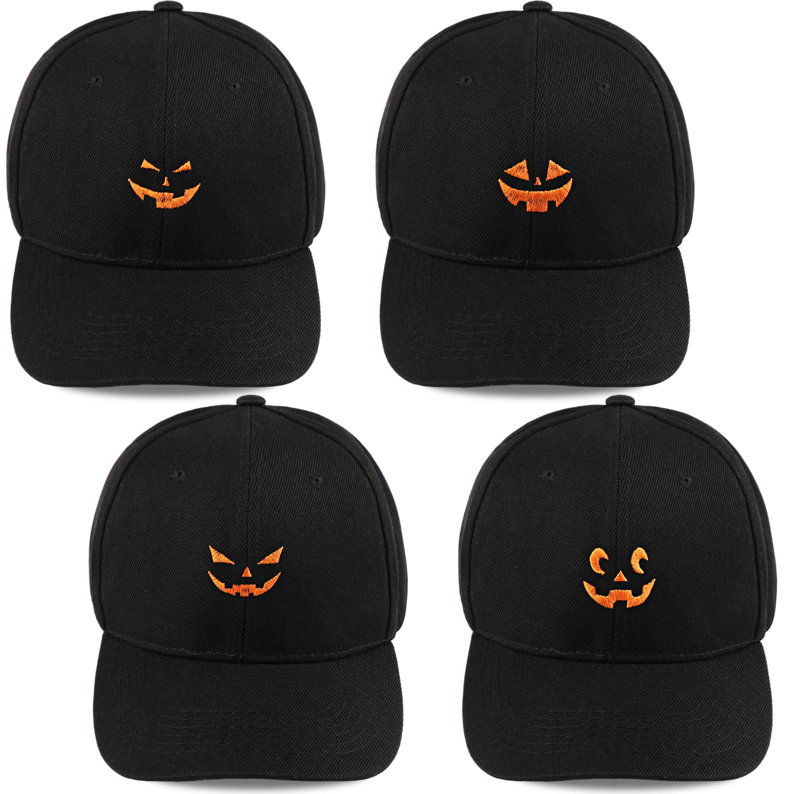 OBANGONG 4 Pcs Halloween Baseball Cap Pumpkin Baseball Dad Hats Adjustable Embroidery Ghost Smile Cap Unisex Black Cap for Men Women Daily Use
