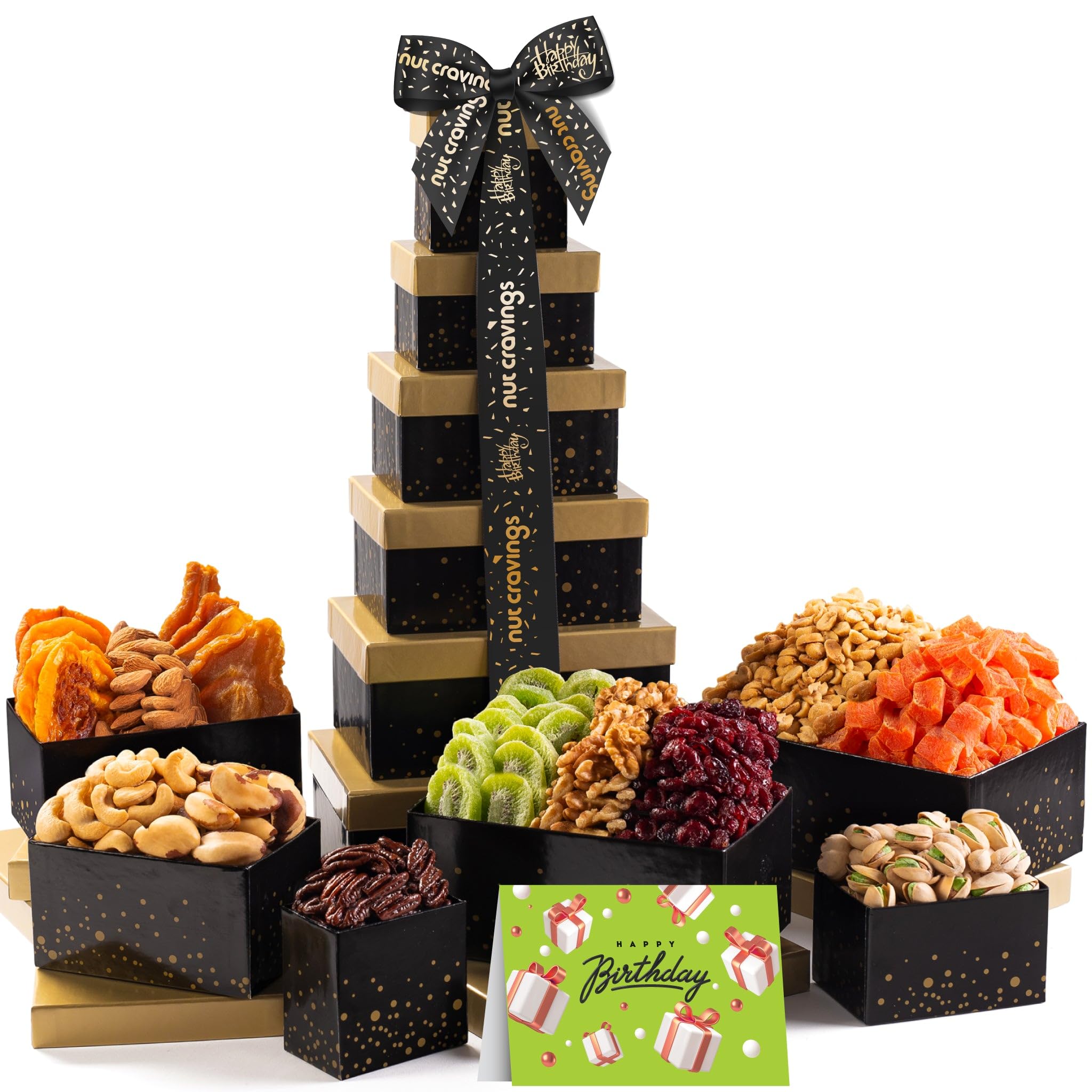 NUT CRAVINGS Gourmet Collection - Happy Birthday Nuts & Dried Fruits Tower Gift Basket with HB Ribbon (12 Assortments) Food Platter, Bday Care Package Tray, Healthy Kosher Snack