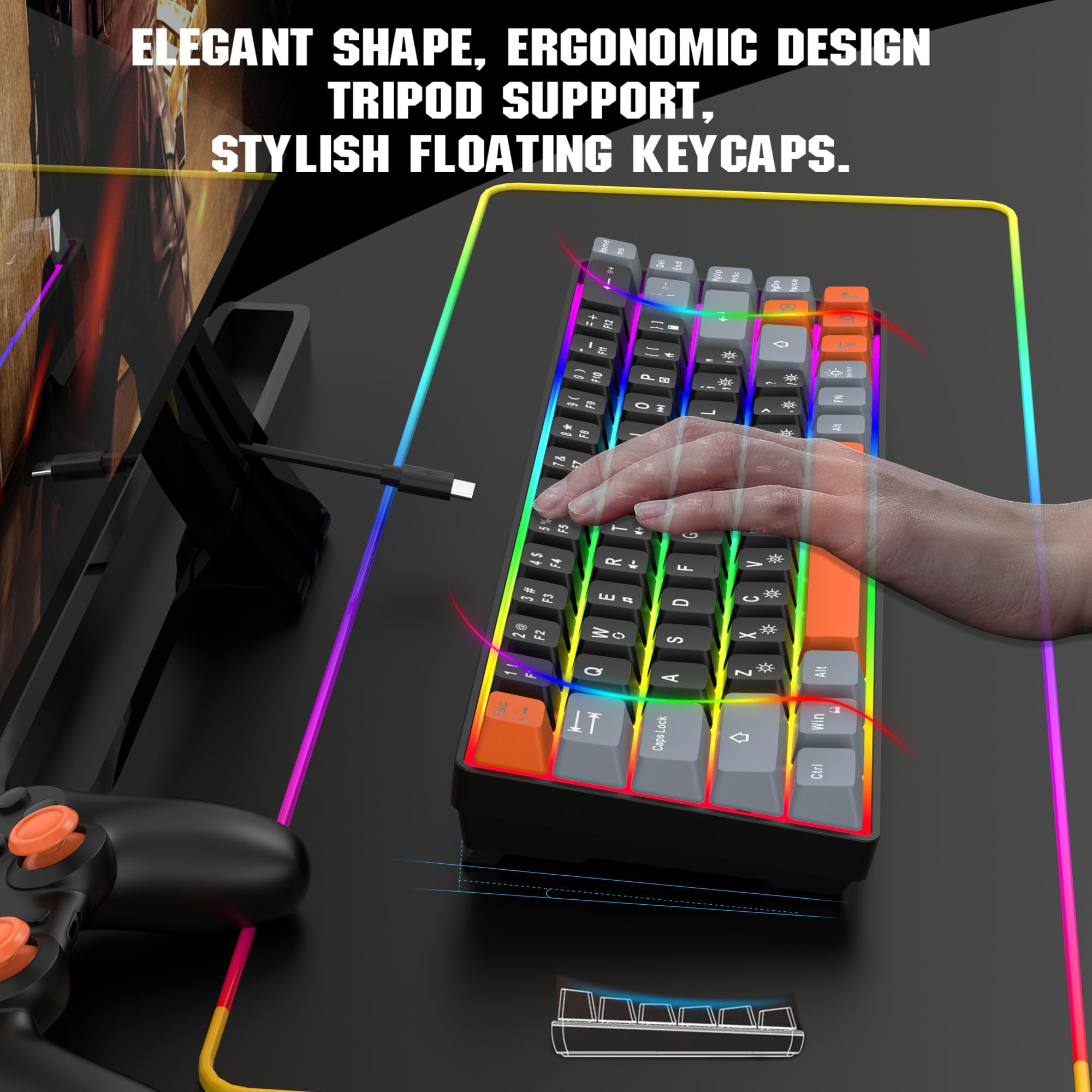 Snpurdiri 60% Gaming Keyboard, RGB Backlit Mini Keyboard,Built-in Steel Plate, Membrane Keyboard but Super Mechanical Feel for Windows PC Gamers(68 Keys,White-Black)