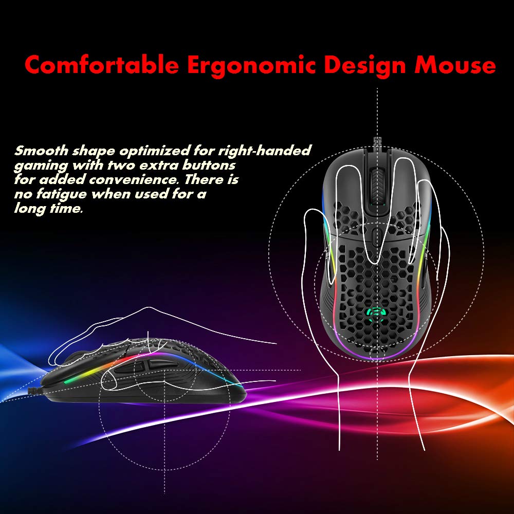 MARVO PC USB Wired Gaming Mouse-Lightweight Honeycomb Shell w/ Multicolored Backlit-Ultralight Weave Cable (Black)