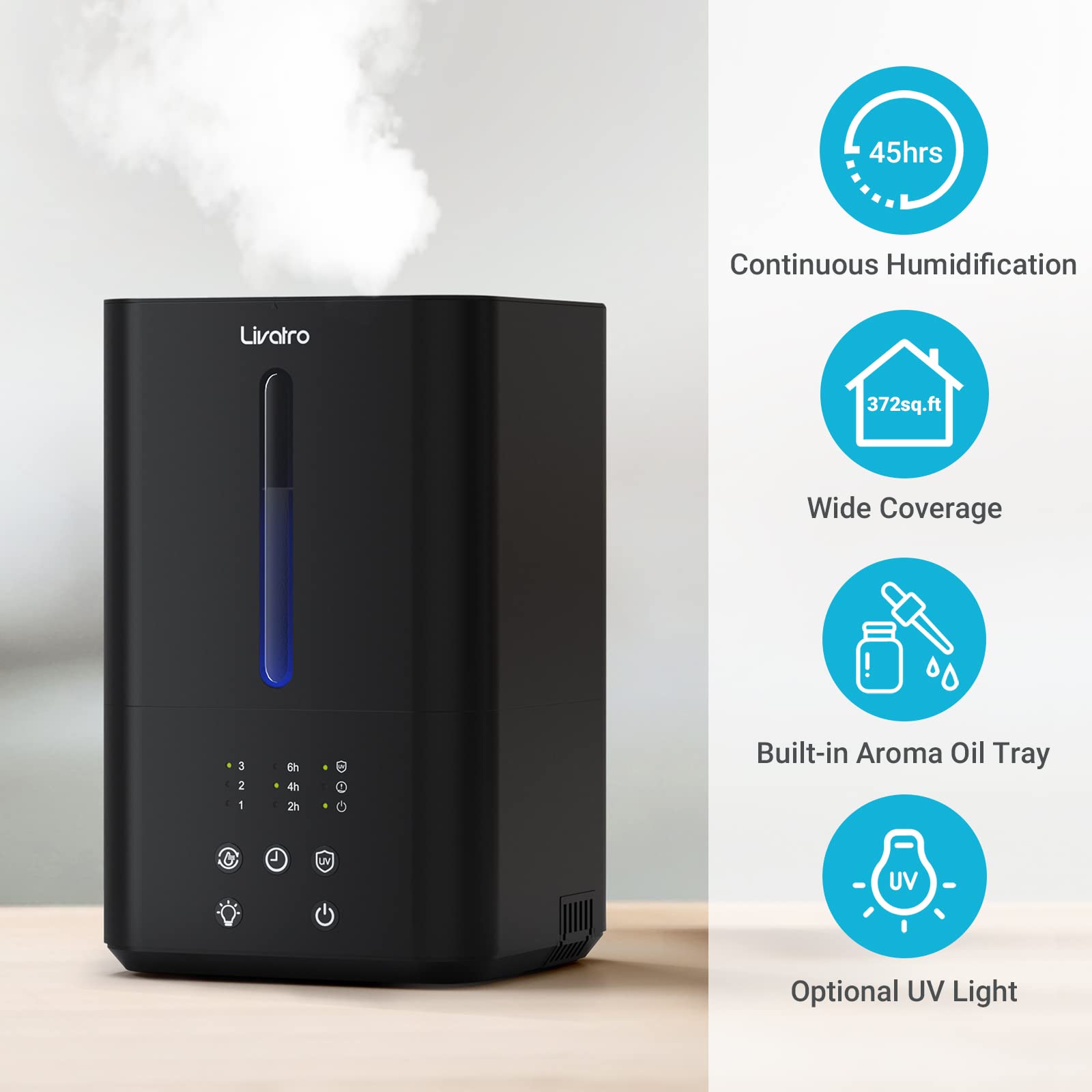 Livatro 4.5L Top Fill Humidifiers for Bedroom Large Room Home, Cool Mist Air Diffuser with Essential Oil Tray, Ultrasonic Quiet and Night Light, Timer, Auto-Shut Off, Black