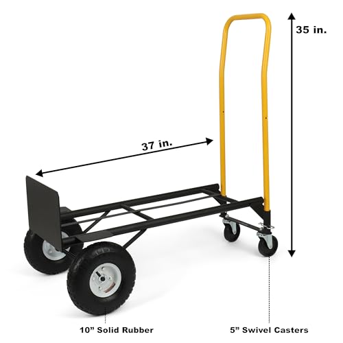 SIMPLI-MAGIC 800 lb Capacity 2 in 1 Convertible Hand Truck and Dolly with 10" Pneumatic Solid Rubber Wheels,Black with Yellow Handle