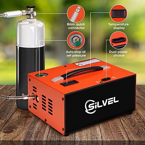 SILVEL PCP Air Compressor, PCP Compressor 4500Psi/30Mpa with Built-in Power Adapter, Auto-shutoff, Oil &Water-Free, Power by 110V /220V AC or 12V DC