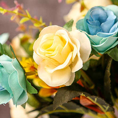 LY EMMET Artificial Rose Bouquets with Ceramics Vase Fake Rose Flowers Decoration for Table Home Office Wedding-Blue