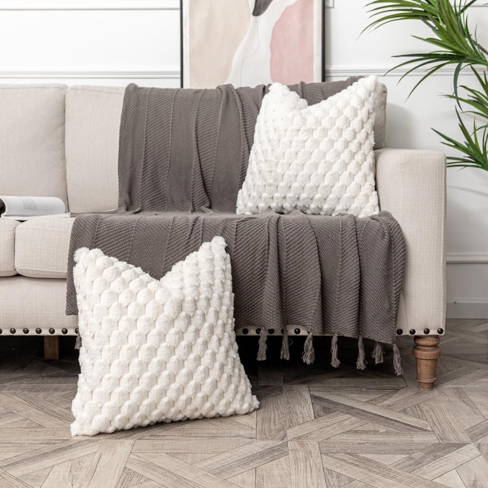 Komollocoe Faux Fur Decorative Throw Pillow Covers for Couch Boho Farmhouse Soft Fluffy Pillow Covers 20x20 Pack of 2 (20x20 Inch (Pack of 2), Cream White)