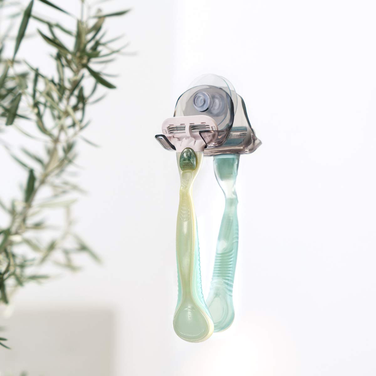 kwmobile 2x Razor Holder with Suction Cup - Self-Adhesive Shaver Wall Mount - Bathroom Organizer for Glass and Tiles - Black/Light Blue/Transparent