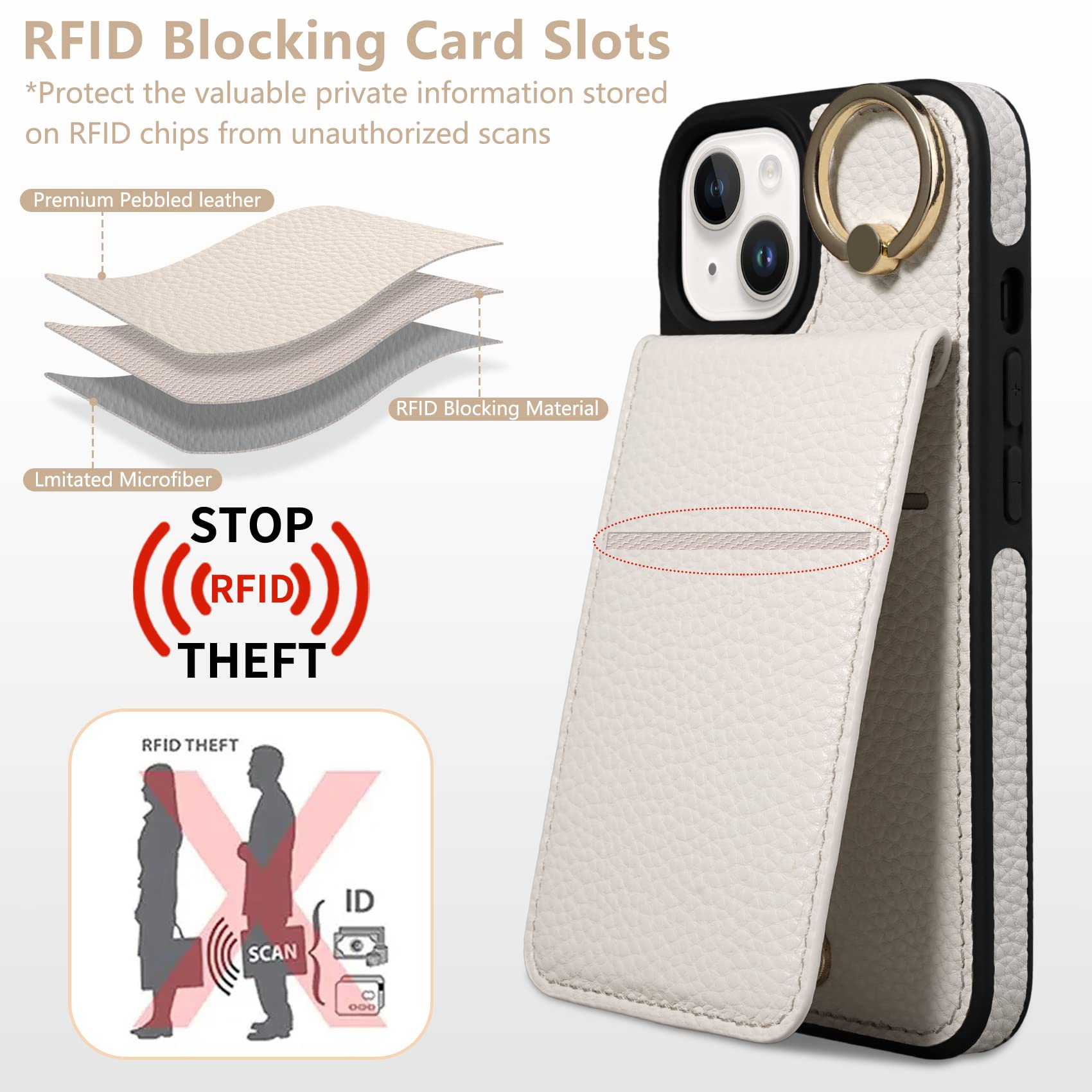 Keallce Case for iPhone 14 Plus 6.7'' Detachable Crossbody Wallet Case with RFID Blocking Card Slots, 360ーStand Ring Flip Leather Protective Cover Lanyard Shoulder Strap Women for iPhone 14 Plus,Beige