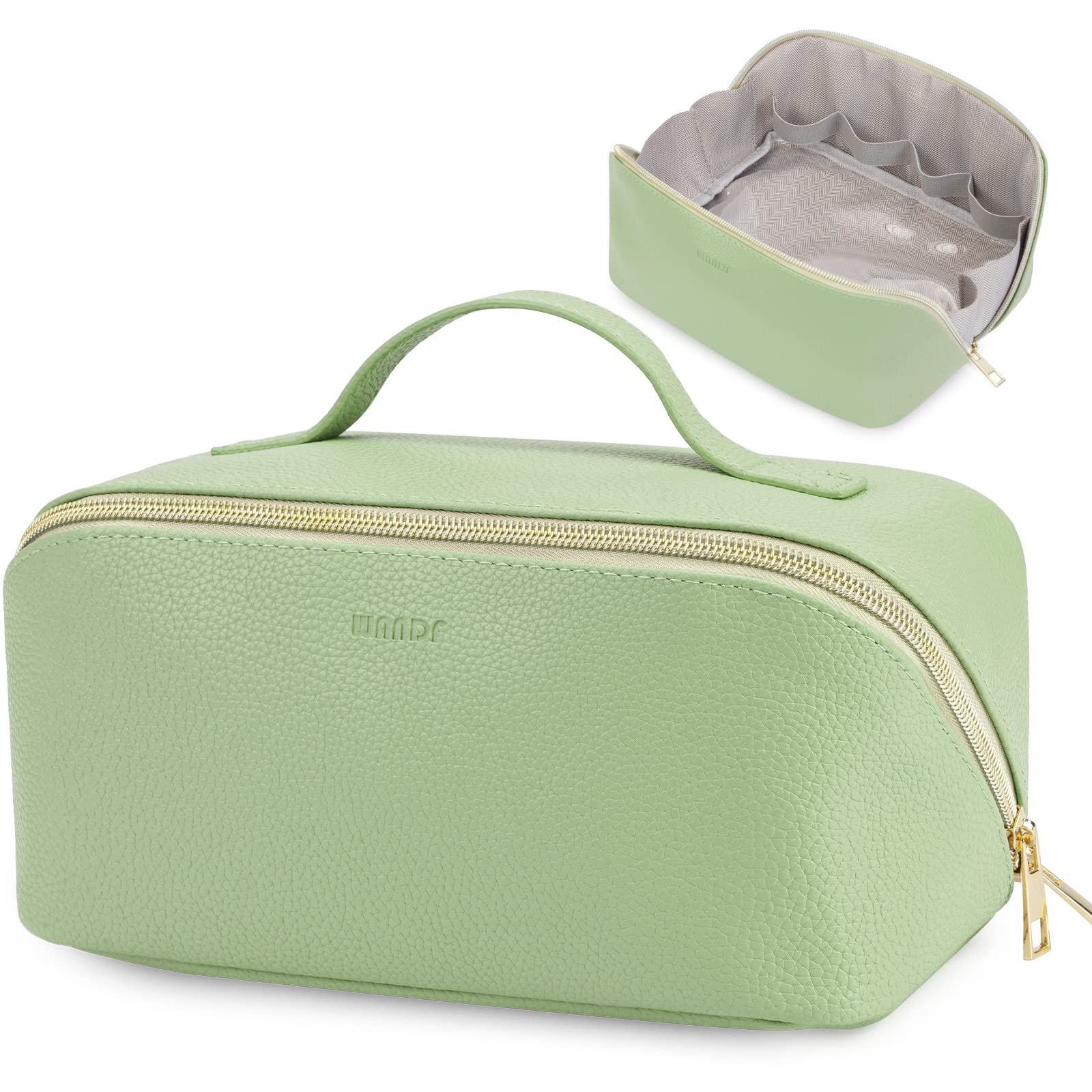 WANDF Portable Cosmetic Bag Opens Flat Travel Makeup Bag Vegan Leather Zipper Pouch Large Capacity Cosmetic Organizer For Women(Pink)