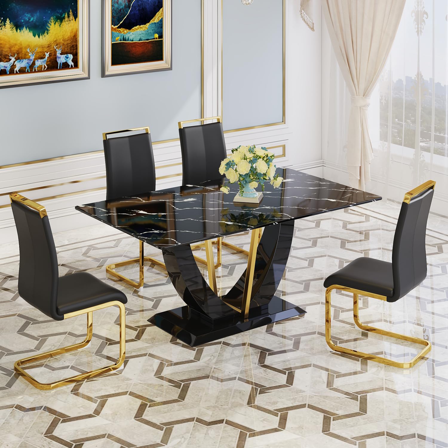 JUFU 71" Modern Dining Room Table Set for 6, Black Marble Faux Kichen Table Set with U-Shaped Base,Luxurious Rectangular Diner Table ANG Leather Dining Chairs with Golden Legs
