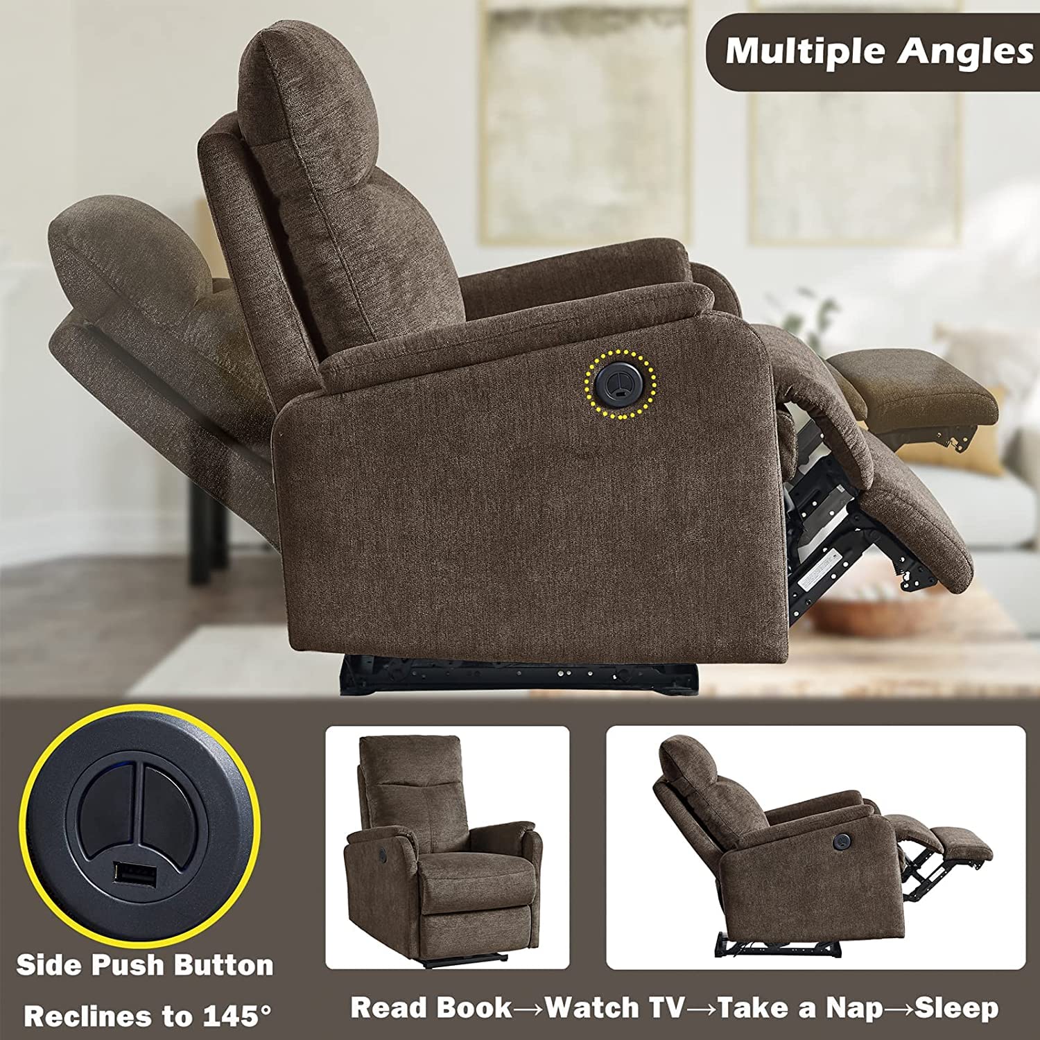 LAVHOME Electric Power USB,Fabric Single Sofa, Home Theater Seating with Recliner Function,Ergonomic Lounge Chair for Small Room 35.4" D x 30" W x 39.8" H, Brown