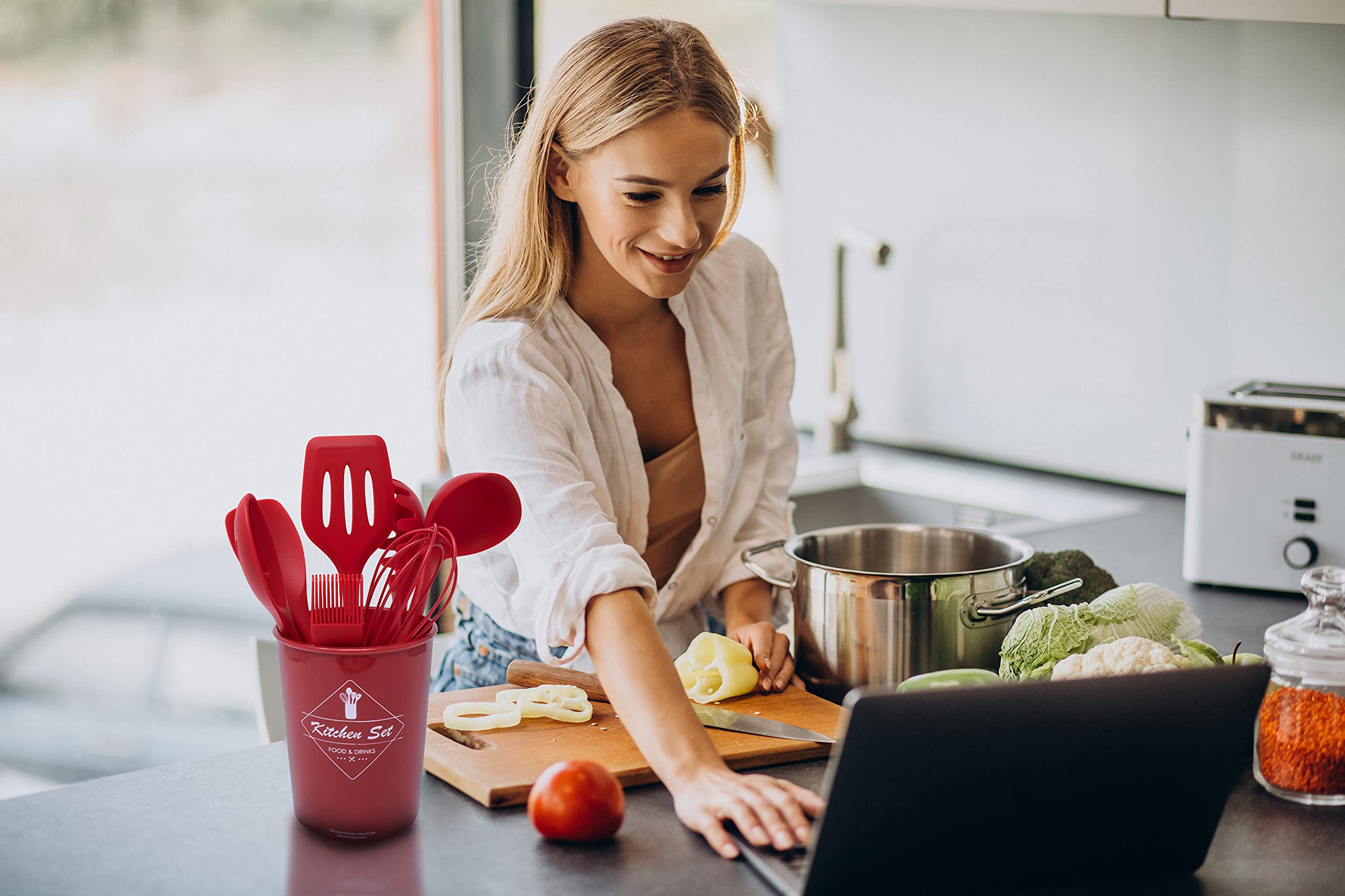K & G Silicone Cooking Utensils Set 11 pcs red kitchen utensils set with holder, spatula, whisk, tongs, soup ladle, silicone spoon & more. Non-stick, dishwasher safe, odorless, cookware set friendly