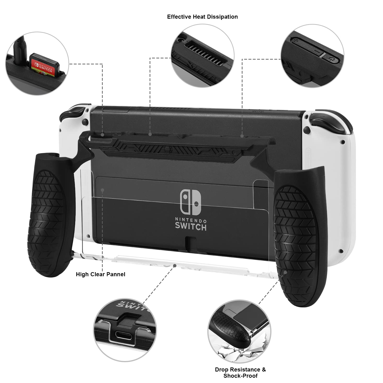 PIGETALE Switch OLED Case, Dockable Grip Case for Nintendo Switch OLED, Protective Accessories with Anti-vibration TPU & Scratch Resistant PC Border & Joy-Con Removable (Black)