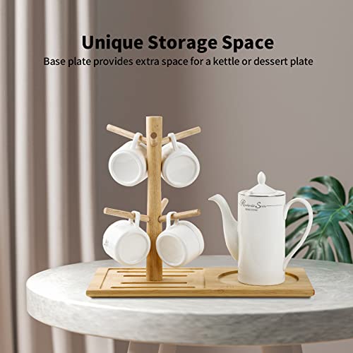 YOFRI Coffee Cup Holder Tree, Wooden Mug Storage Rack, Coffee Tea Kettle Display Stand, Movable Countertop Cup Stand with 6 Hooks, Coffee Mugs and Tea Cups Organizer for Bar & Kitchen Collection