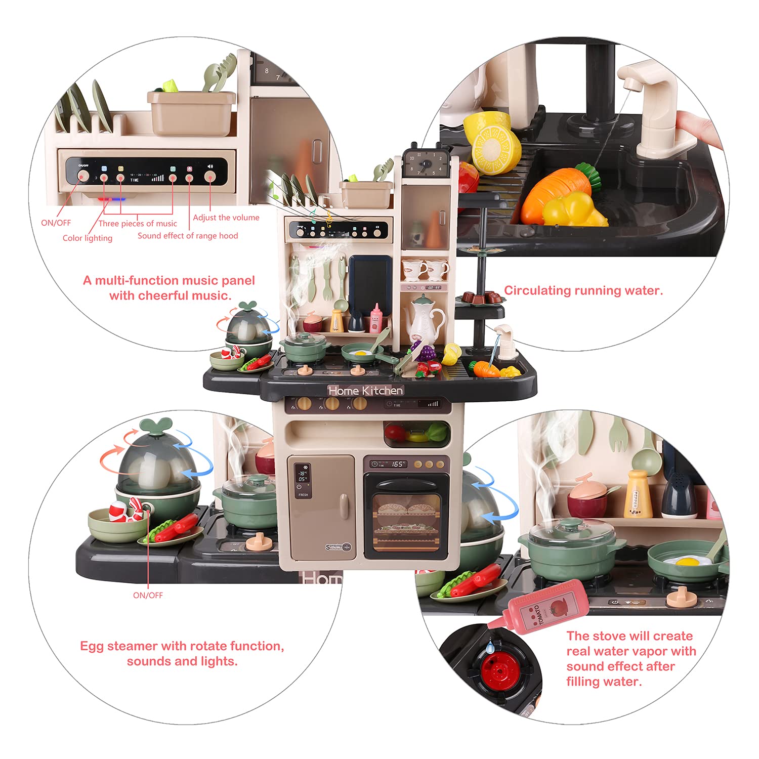 Kids Kitchen Playset with Lights and Sounds Music Steam Play Sink with Runing Water Cut Play Food