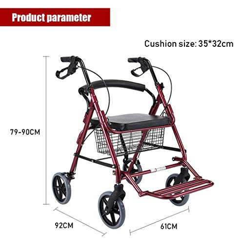 Walker,Walker Foldable Walker Lightweight Rollator Basket and Pole Holder PU Tires Height Adjustable Rollator with backrest and seat, red Outdoor