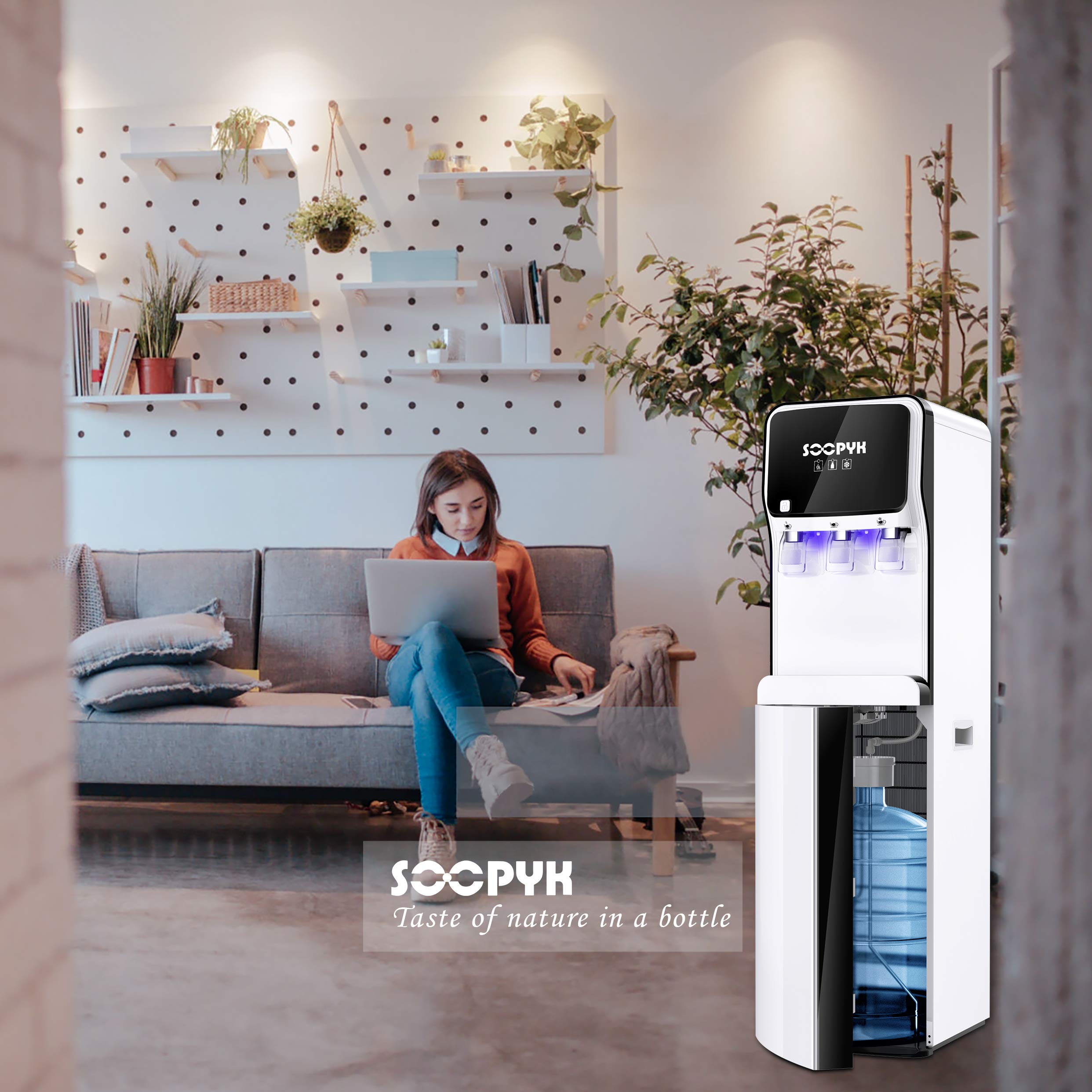 SOOPYK Water Dispenser Cooler Bottom Load Loading with 3 Temperatures Setting 3-5 Gallon Self Cleaning Cold and Hot Water Durable Steel Frame Child Safety Lock Removable Drip Tray for Home Office