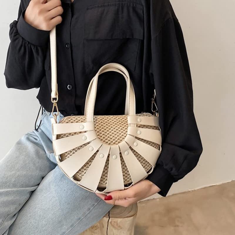 SFMZCM Semicircle +Leather Handbag Women Summer Rattan Bag Handmade Woven Beach Circle Bohemia Shoulder Bags (Color : D, Size : 1)