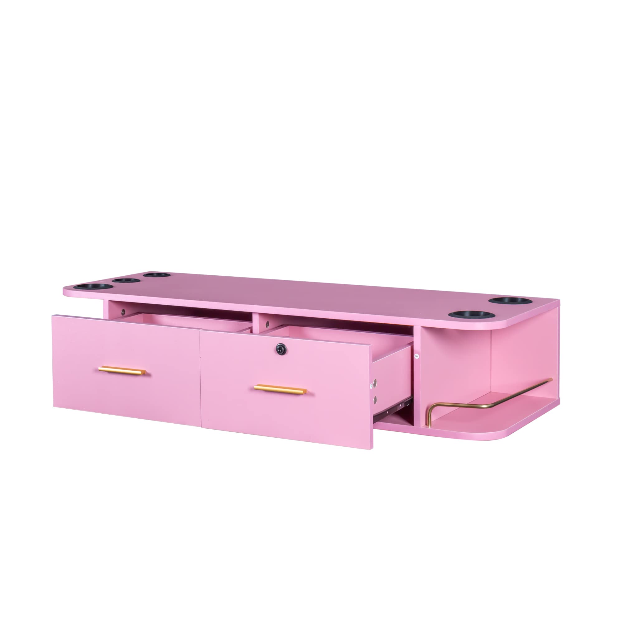 Wall Mount Makeup Vanity with Drawers,Dressing Table with Hair Dryer Holder and Side Cubbys, Barber Hair Stations for Salon Beauty Spa Equipments(Pink)