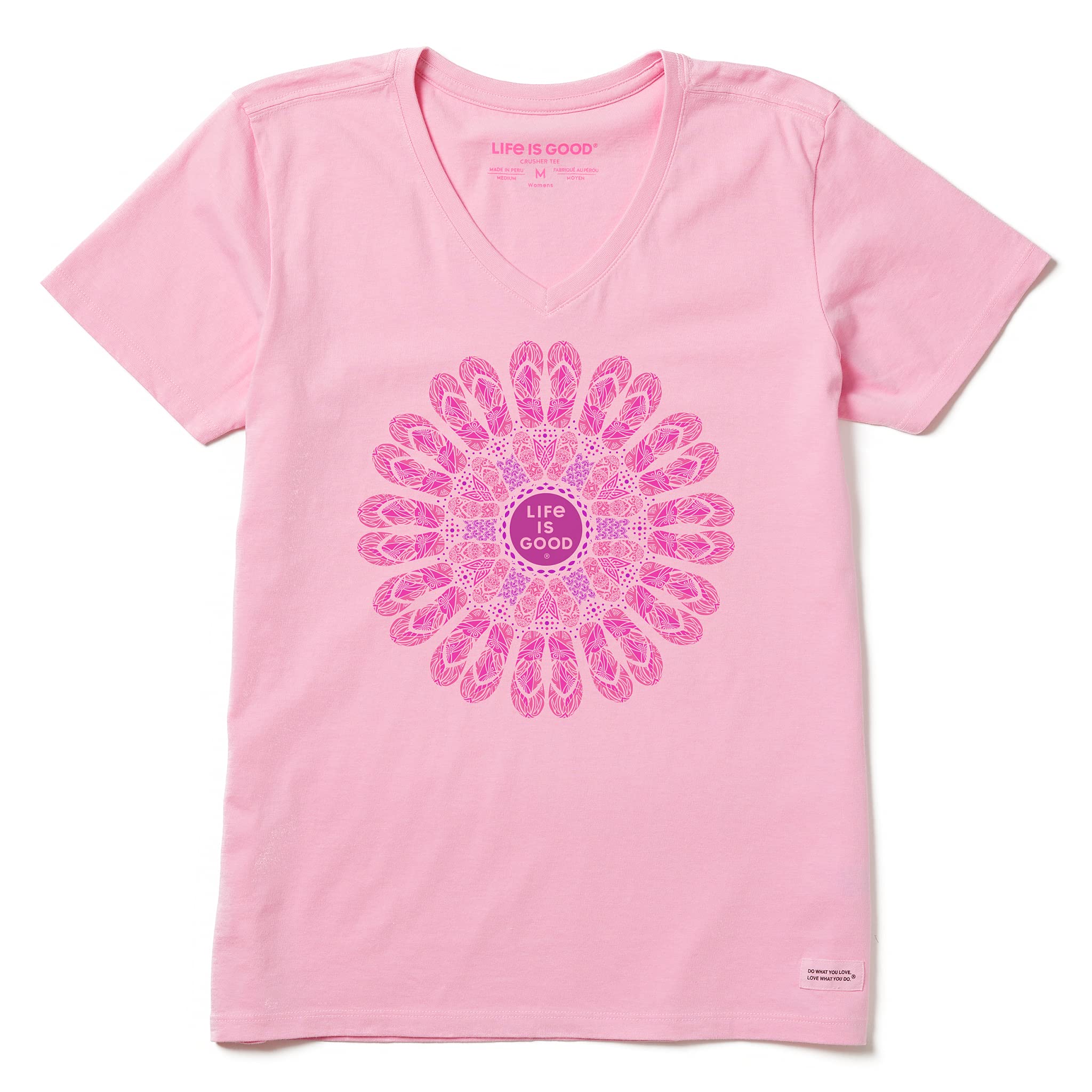 Life is Good Women's Crusher Graphic V-Neck T-Shirt Flip Flop Mandala, Happy Pink, XX-Large