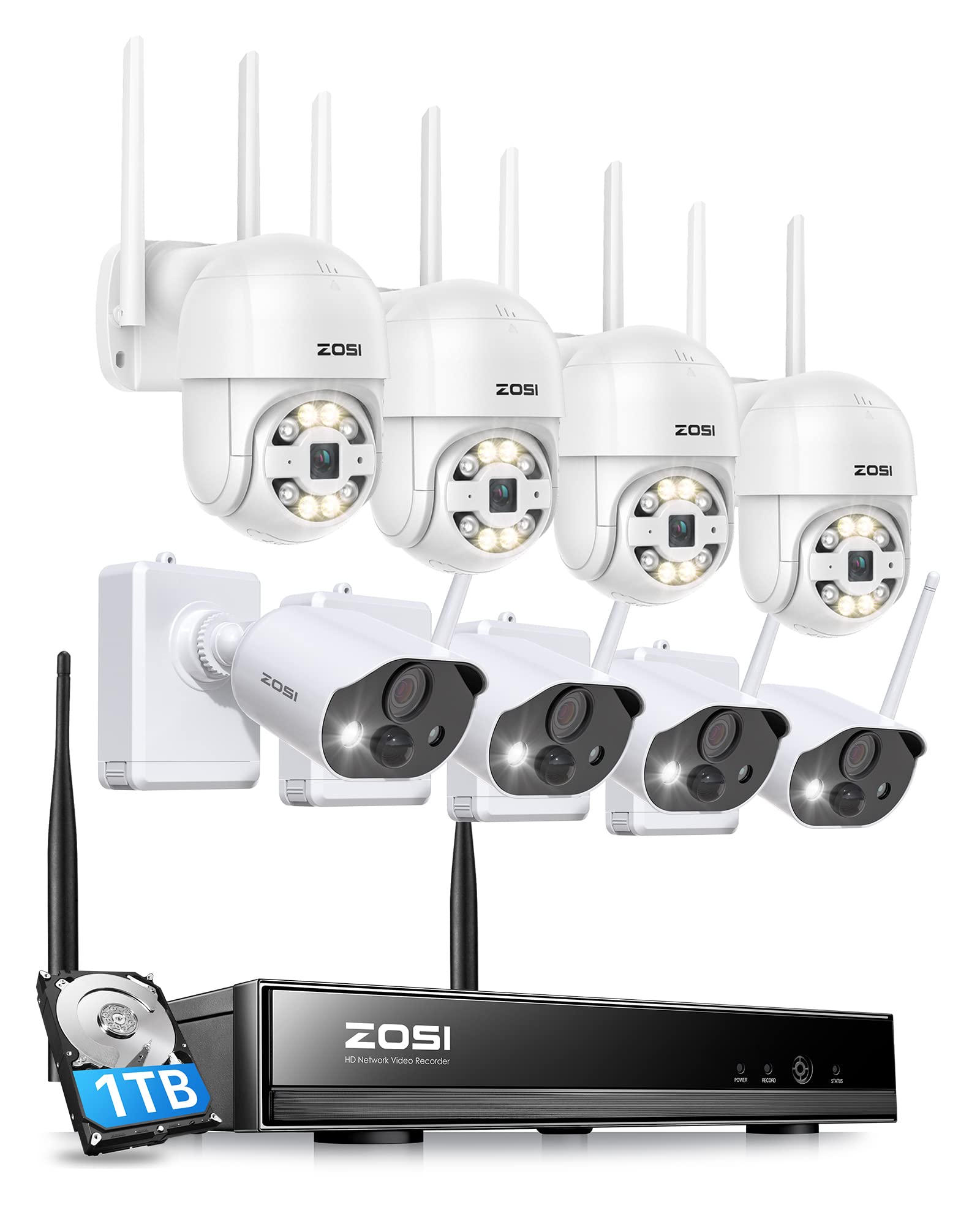 ZOSI C306PK 8CH 4Pack 2K 3MP Wireless Battery Powered Security Camera System with 4Pack C289 Outdoor PTZ Cameras, Color Night Vision, Spotlight, 2-Way Talk, Light & Siren Alarm, 1TB HDD
