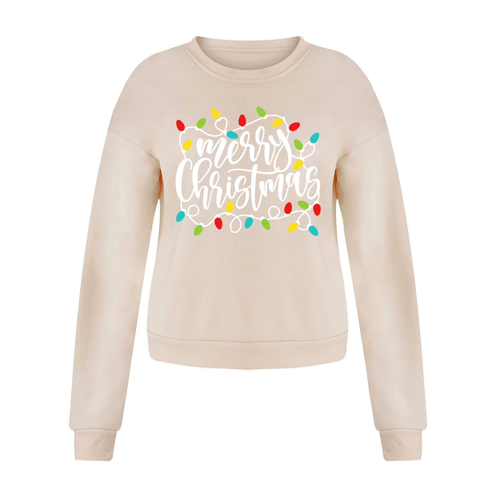 Tops For Women Casual Fall Christmas Print Pullover Long Sleeve Festival Shirts Flowy All-match Pullovers Fall Sweatshirt Beige