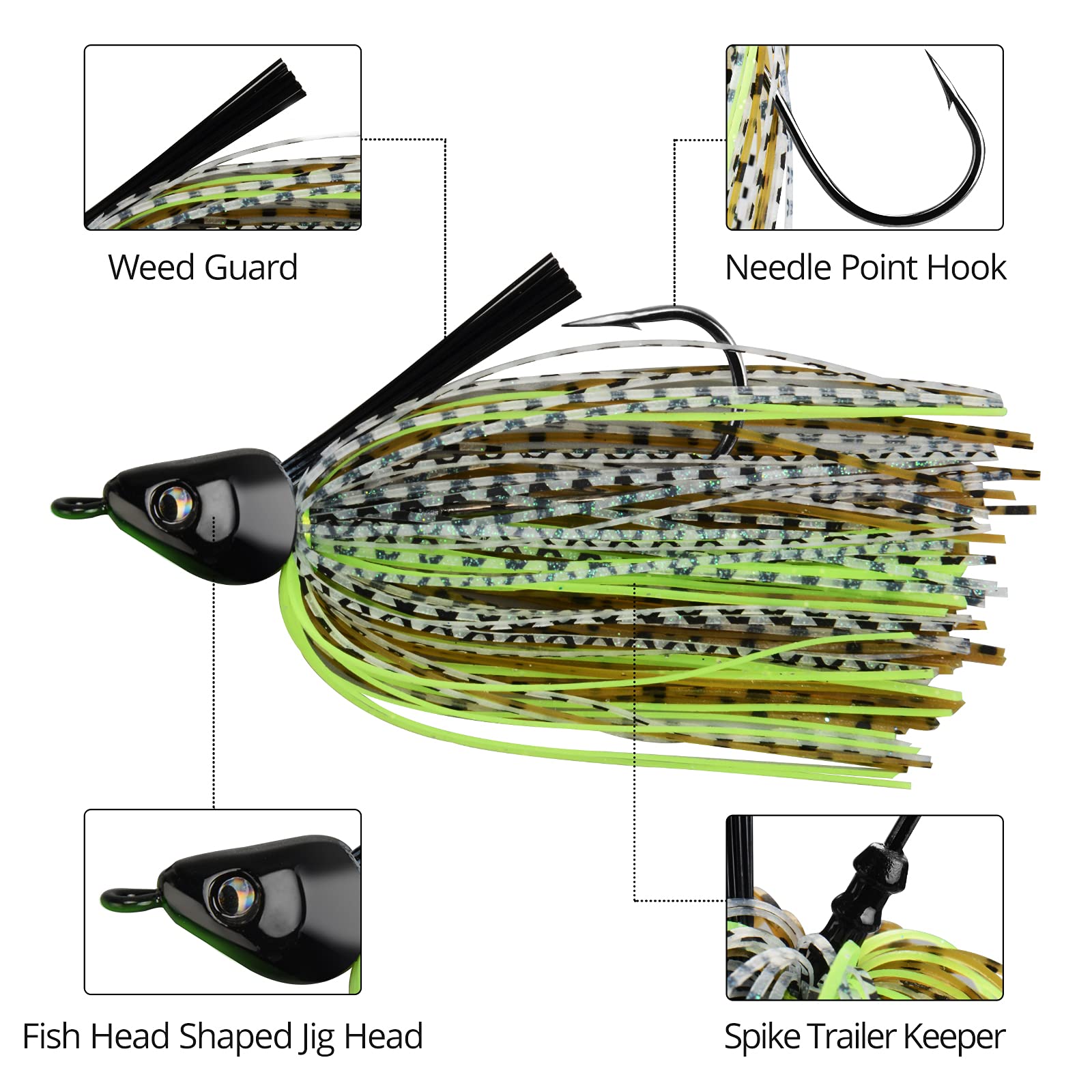 MadBite Swim Jig Fishing Lures, Heavy Brush Guard, Silicone Skirt, Sticky-Sharp Heavy-Wire Needle Point Hooks, Popular 3/8 oz Sizes, 3 pc Multi-Color Kits, includes Storage Box, Muddy Water