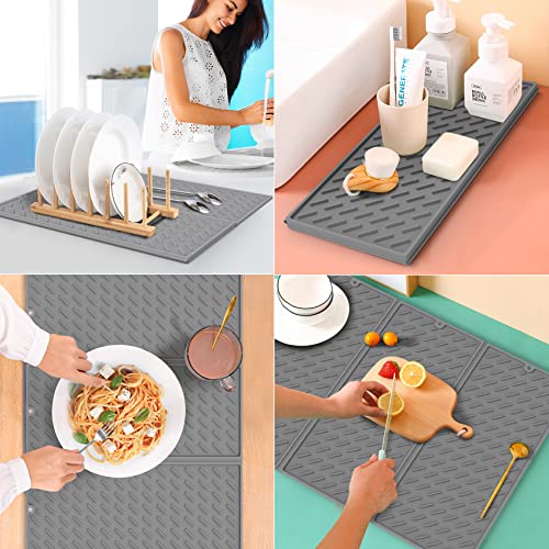 SOSMAR Silicone Drying Mat, 24β x 16β, Dish Drying Mat, Trifold Large Dish Drainer Mat for Kitchen Counter, Heat Resistant Hot Pot Holder, Non-Slip Silicone Sink Mat, BPA Free, Dish Washer Safe, Gray