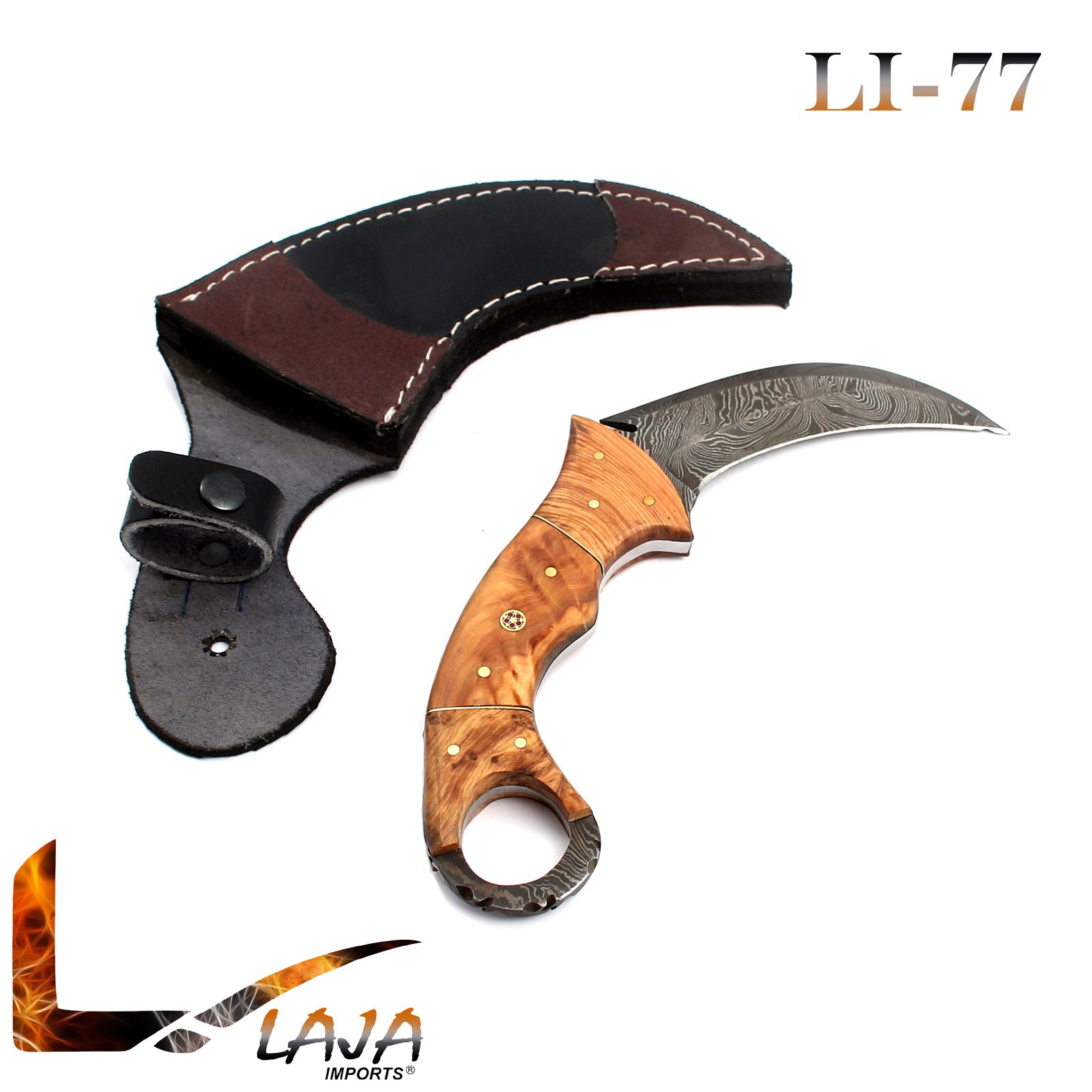 LAJA IMPORTS®: BEAUTIFUL OLIVE WOOD 8.2" HANDMADE FIXED BLADE DAMASCUS STEEL HUNTING KNIFE LI-77