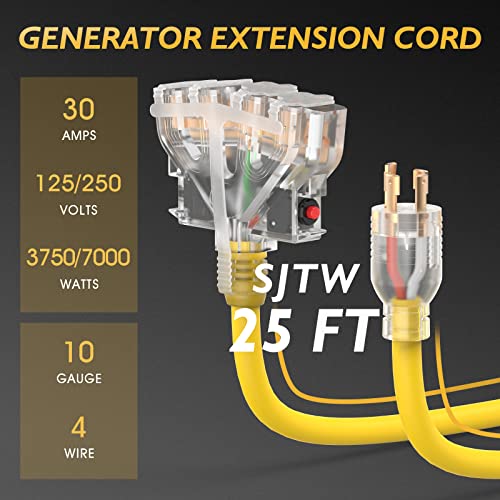 TOOLIOM Generator Extension Power Cord 25 Feet NEMA L14-30P to Four 5-20R/5-15R 30A 125/250 Volt 7500 Watts 4 Prong 10 Gauge Fan-Style Generator Cable with Protector Breaker