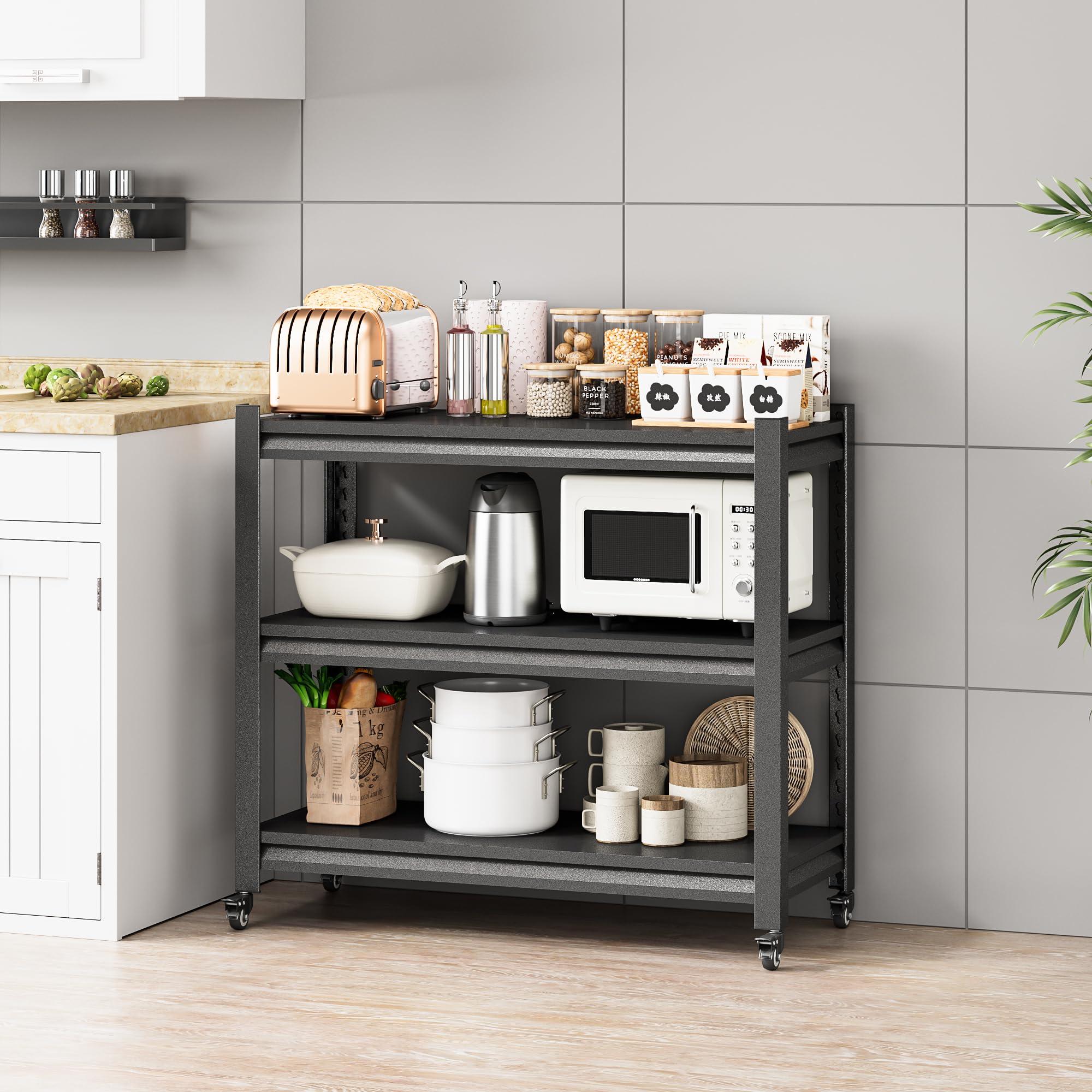 Topass Storage Shelves, Bakers Rack with Wheels, 3-Tier Metal Shelving Unit with Wheels for Kitchen Garage Office, Kitchen Stand with Adjustable Rack (18" D x 34" W x 32" H)