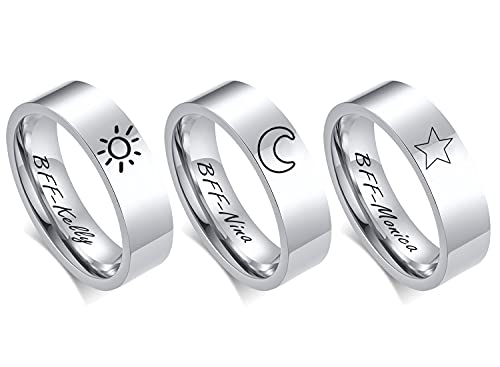 MZZJ Moon Sun Star Ring Best Friends Rings for 3 Personalized BFF Friendship Ring Minimalist 6MM Polish Stainless Steel Flat Stackable Knuckle Ring Wedding Band for Sisters,Bridesmaid Gift