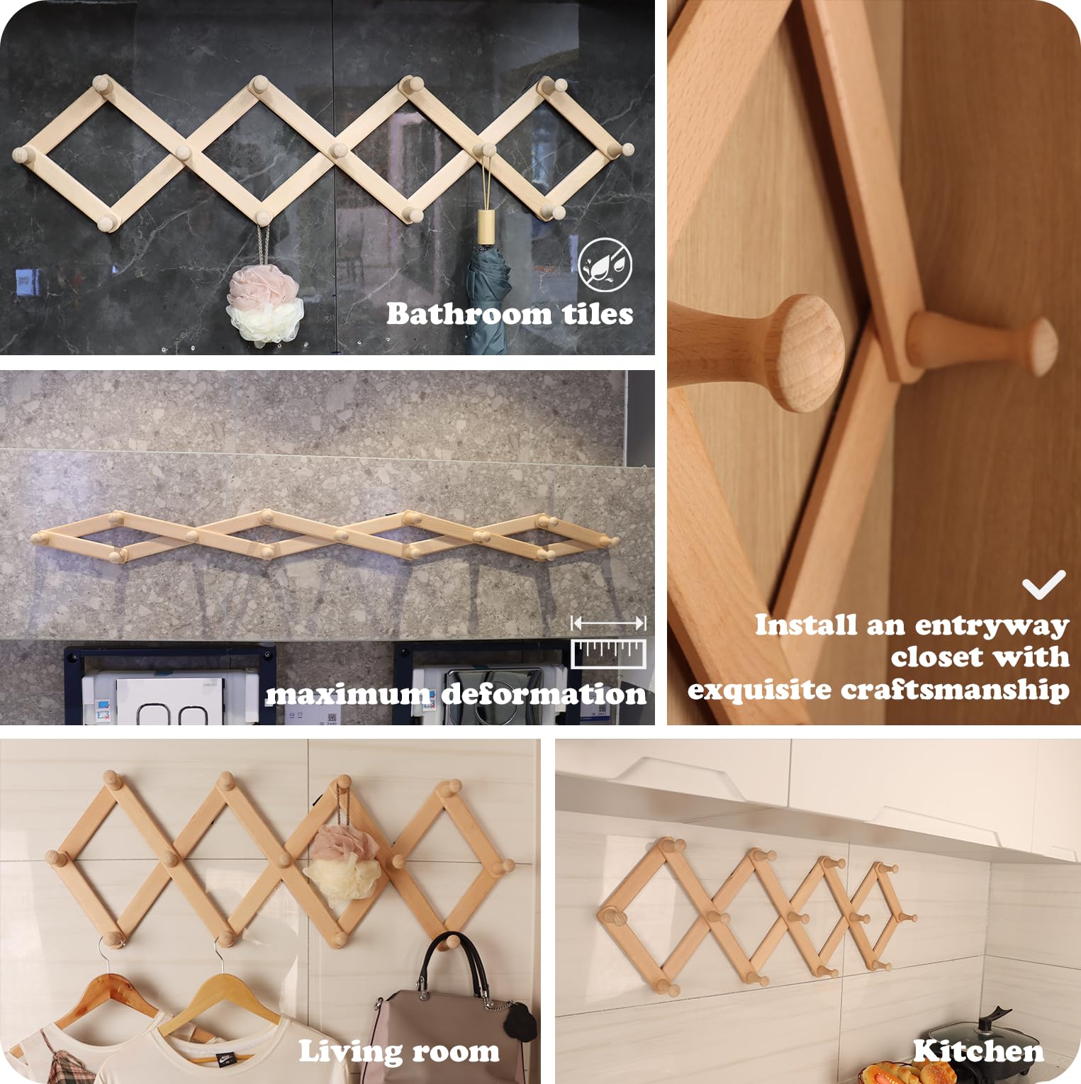 wekiweyi Expandable Accordion Wall Rack β 13 Hook Wooden Coat & Hat Rack, Multi-Functional Beech Wood Hanger for Hats, Coats, Coffee Mugs, and More, Rustic Natural Finish