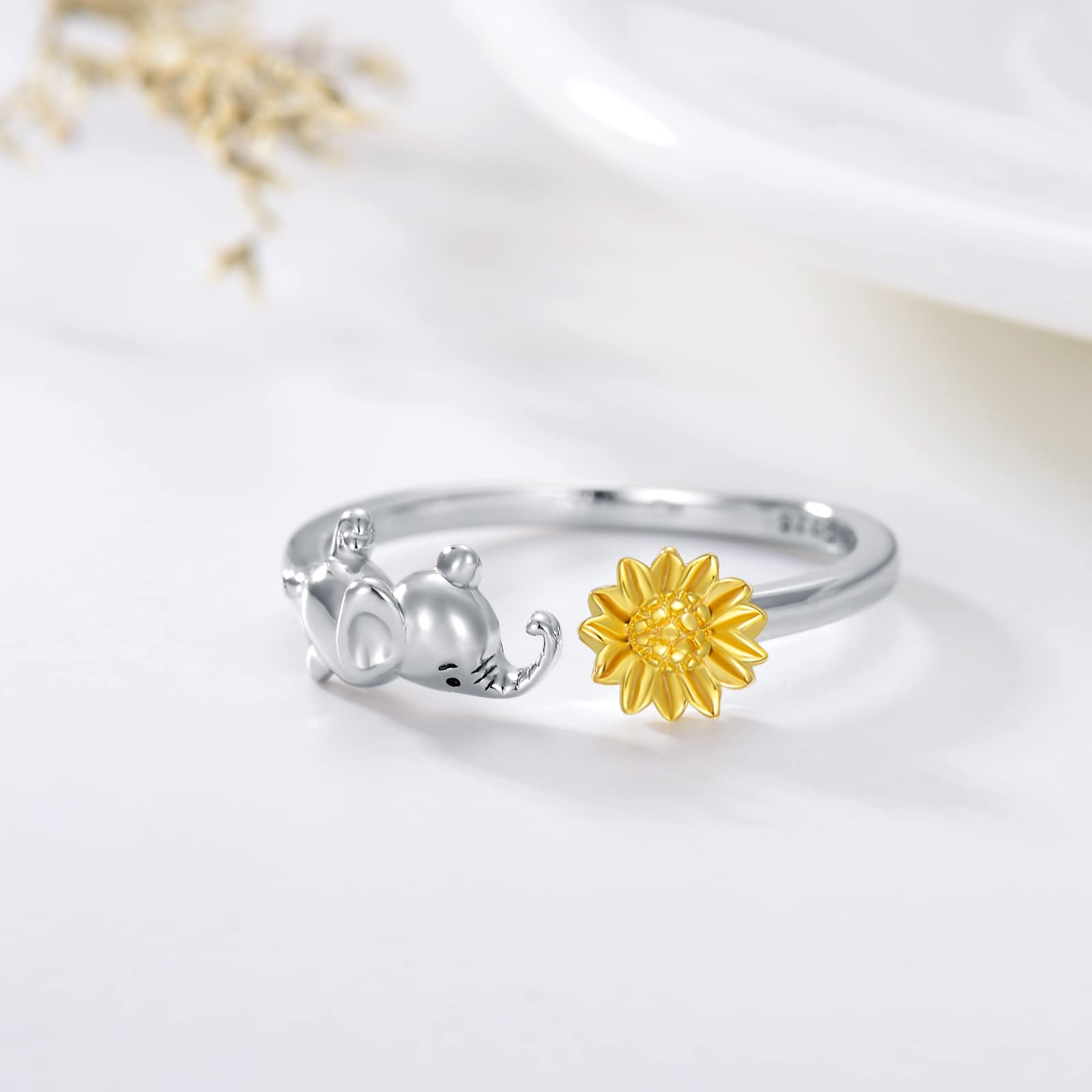 MEIDERBO Elephant Ring 925 Sterling Silver Elephant Sunflower Ring Elephant Jewelry Gifts for Women