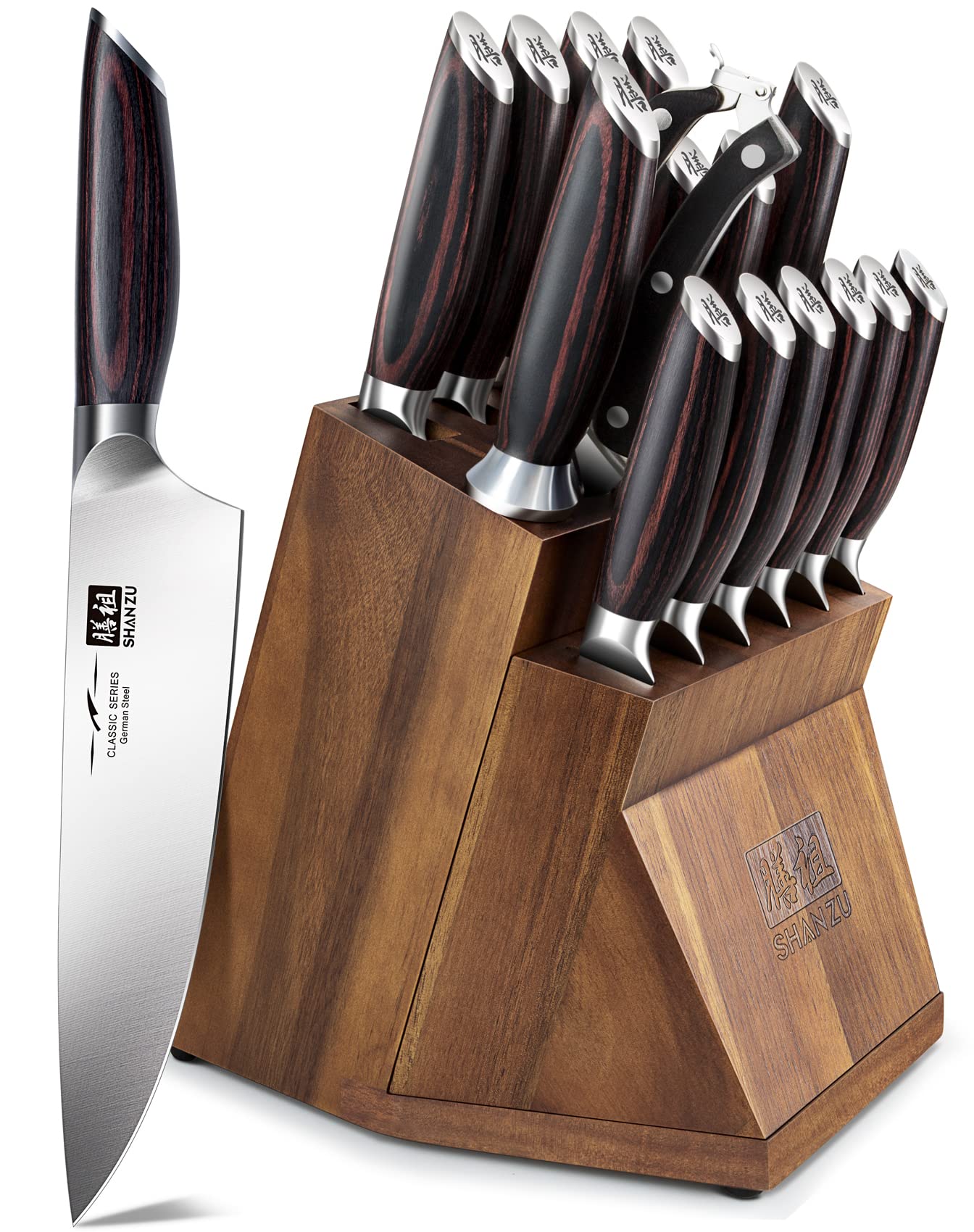 SHAN ZU Knife Set for Kitchen with 2 in 1 Knife Block, 16 Pieces German Steel Professional Chef Knife & Steak Knife Set, Ultra Sharp Kitchen Knives Set with Sharpener