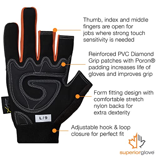 Superior Glove Leather Half Finger Framers Gloves - 1 Pair of Large Black and Orange Work Gloves β MXFE