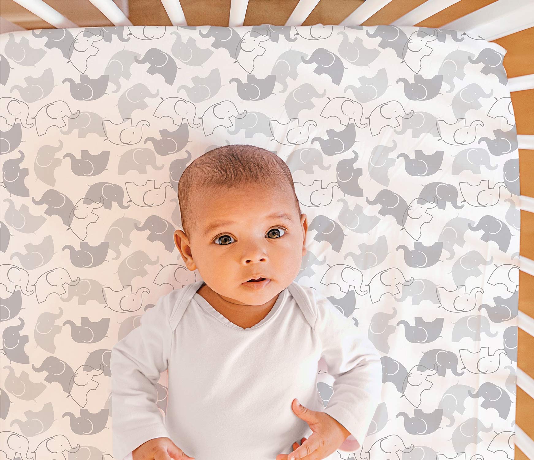 The Peanutshell Elephant and Stripes Fitted Crib Sheets | Unisex 6-Pack | Grey, Green, White