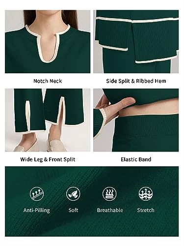 SuperPrity 2 Piece Sweater Sets for Women Winter Wide Leg Pants Knit Outfits Set Comfy Long Sleeve Lounge Wear Sweatsuit Set-L,Dark Green