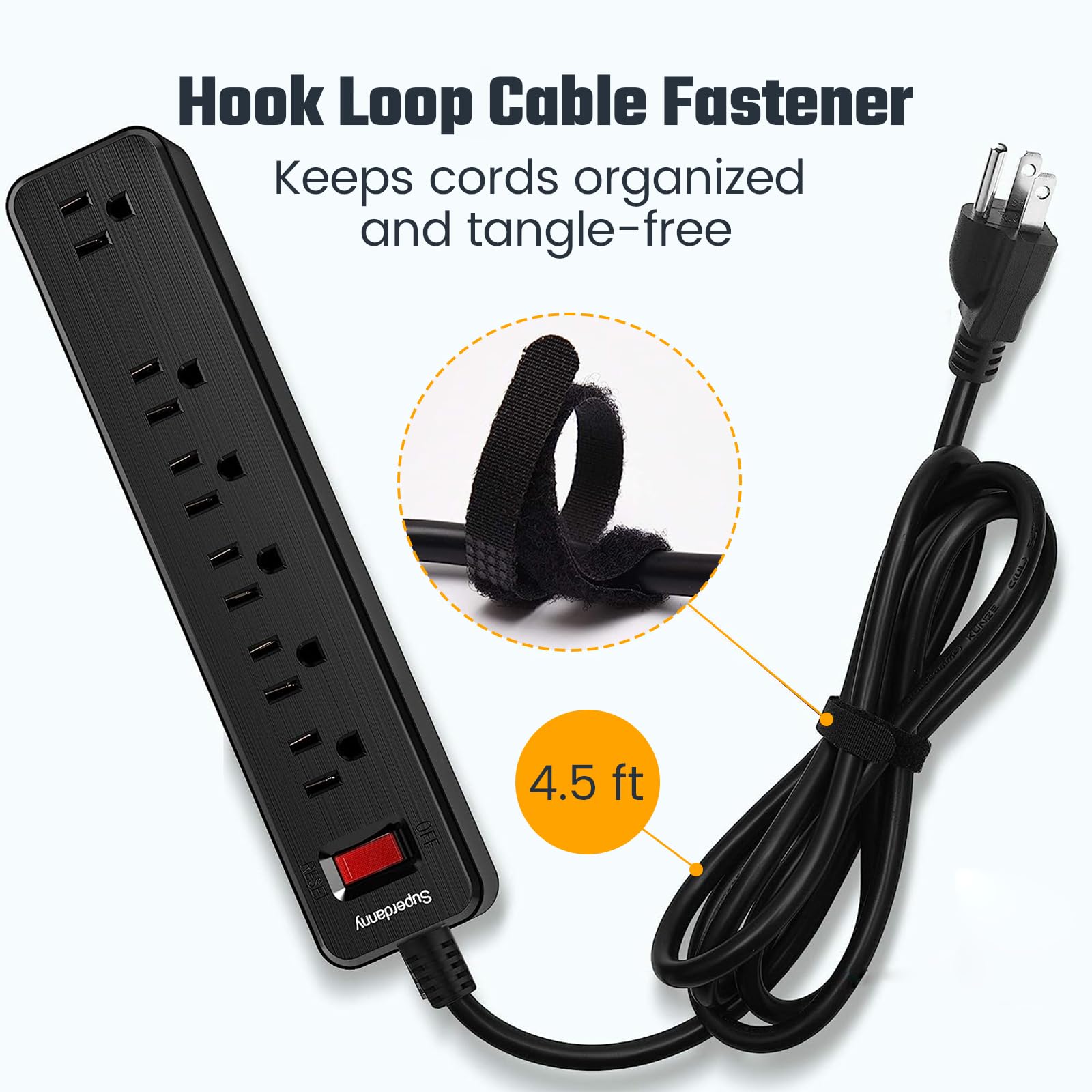 SUPERDANNY 6-Outlet Surge Protector Power Strip, 4.5 Ft Extension Cord, 900 Joules, Overload Switch, Standard Plug, Grounded, Integrated Circuit Breaker, Wall Mount, for Home, Office, Black