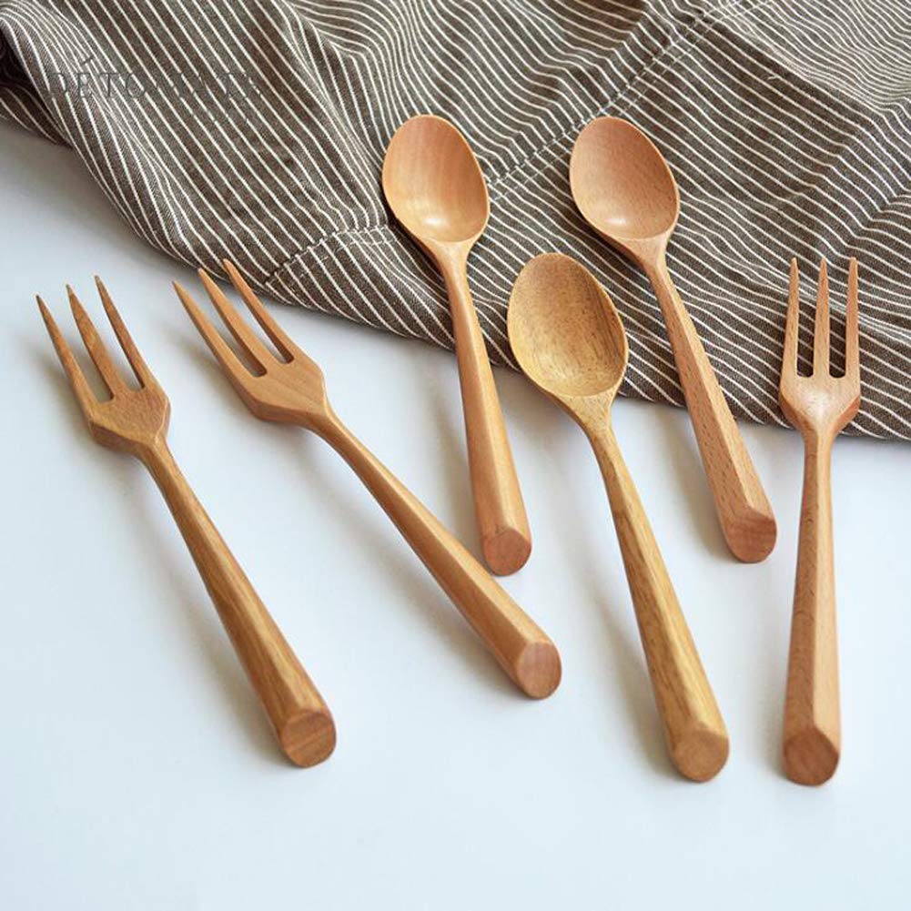 Kyien 6Pcs Wood Soup Spoons And Forks Sets Natural Wood Eating Utensils Wooden Flatware Set,Eco Friendly Wood Cutlery Wooden Dinner Fork And Spoon,3 Spoons and 3 Forks