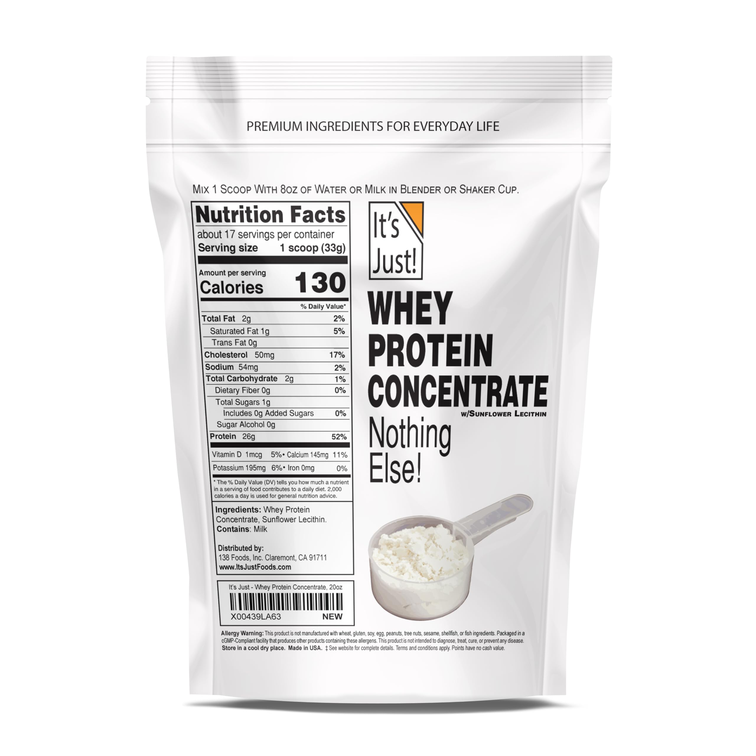 It's Just! - 100% Whey Protein Concentrate, Made in USA, Premium WPC-80, No Added Flavors or Artificial Sweeteners (Original/Unflavored, 20oz)