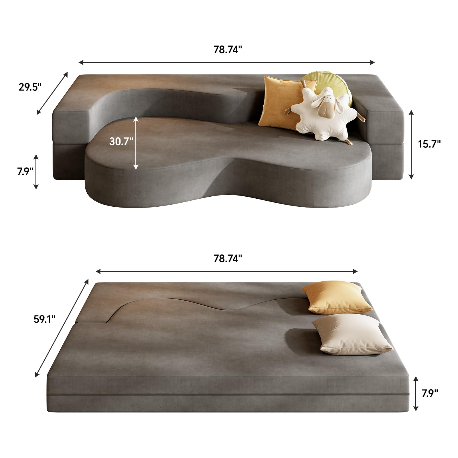 Vivaadecor Queen Folding Sofa Bed Couch, 79"Convertible Floor Foam Sofa with Removable Velvet Cover For Adults, Fold Out Futon Sofa Bed, Lazy Sofa Mattress Sleeper for Bedroom/Guest Room/Office (Grey)